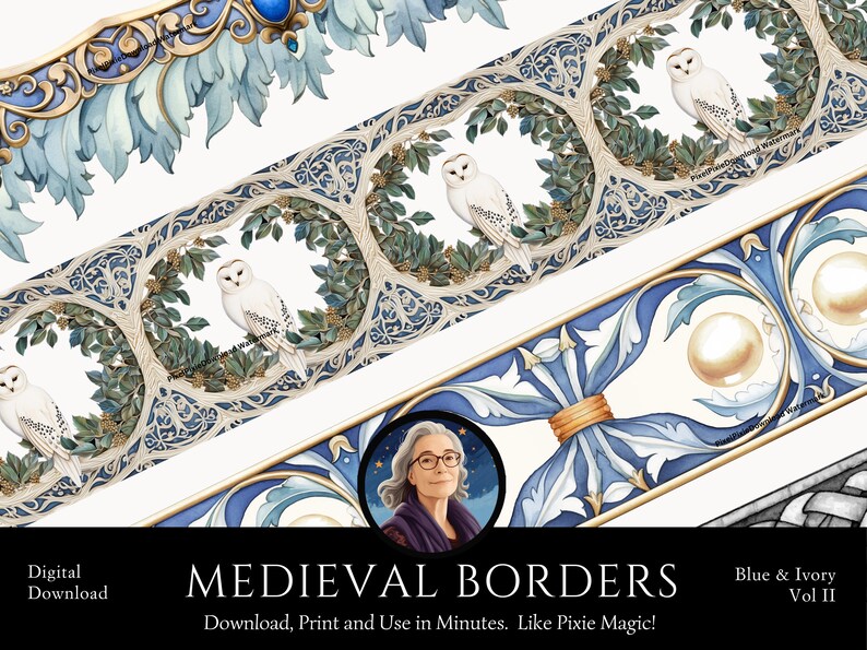 Medieval Clipart Borders: Ivory & Blue Seamless Designs (digital ...