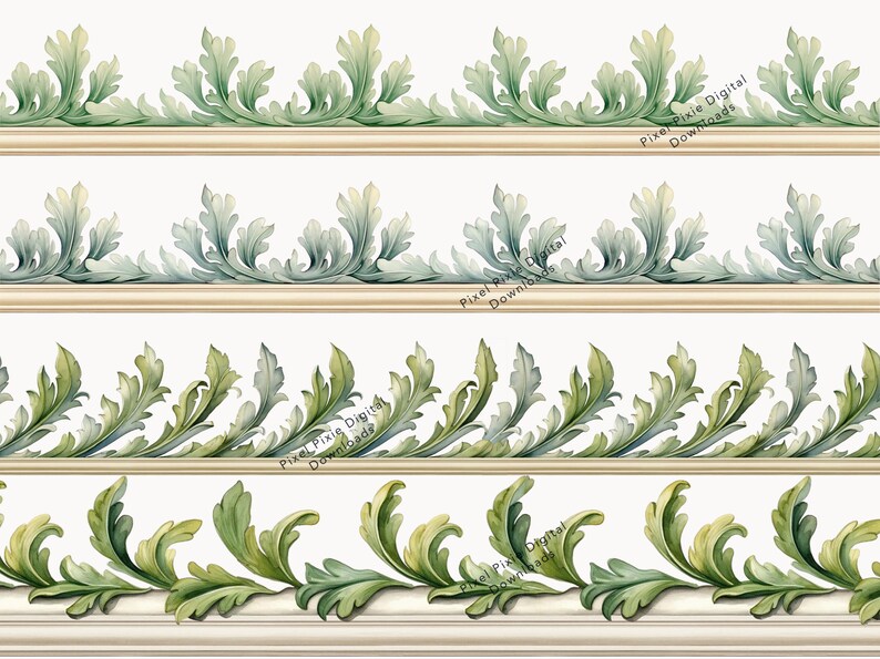Watercolor Acanthus Foliage Borders: Seamless PNG Clipart (digital ...