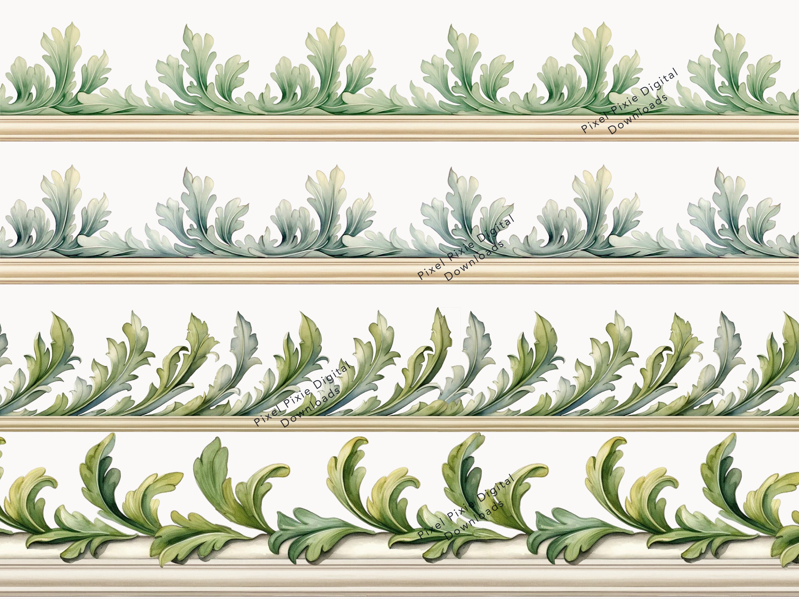 Acanthus Border Clipart PNG, Watercolor Foliage Border, Seamless ...