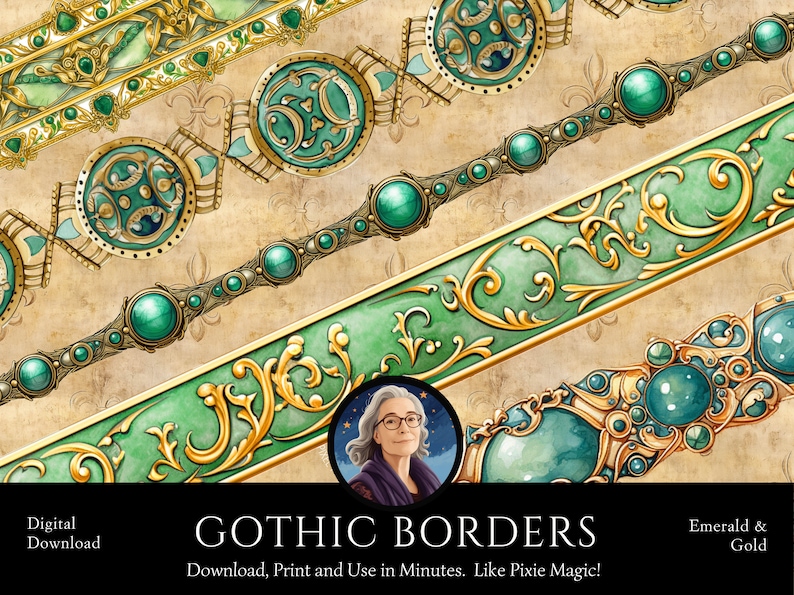 Medieval Borders in Green and Gold, Digital Download, Junk Journal ...