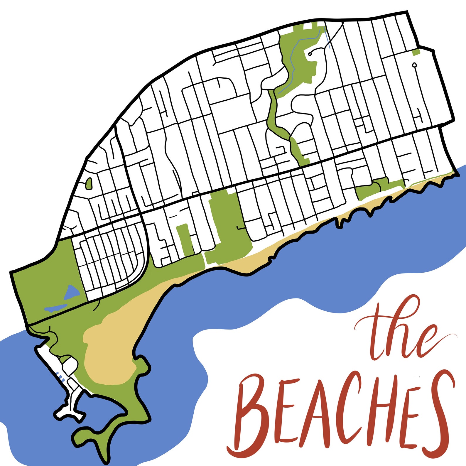 The Beaches Hand Drawn Map Toronto Neighbourhood Digital Art Print ...