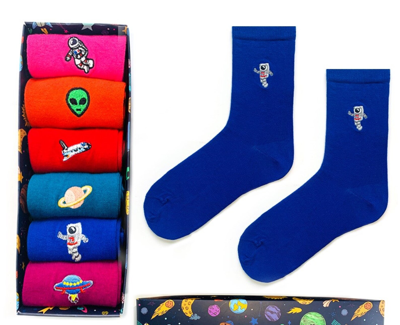 6 Pieces Funky Socks With Space and Astronaut Embroidery Set, Fun ...