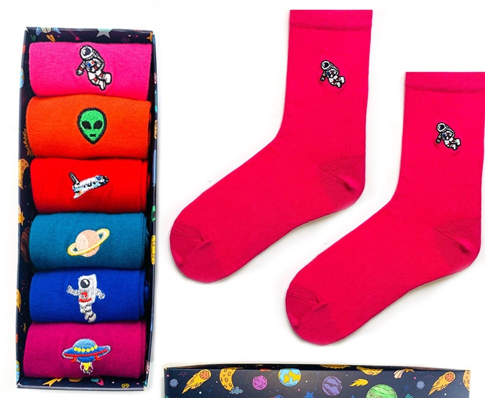 6 Pieces Funky Socks With Space and Astronaut Embroidery Set, Fun ...