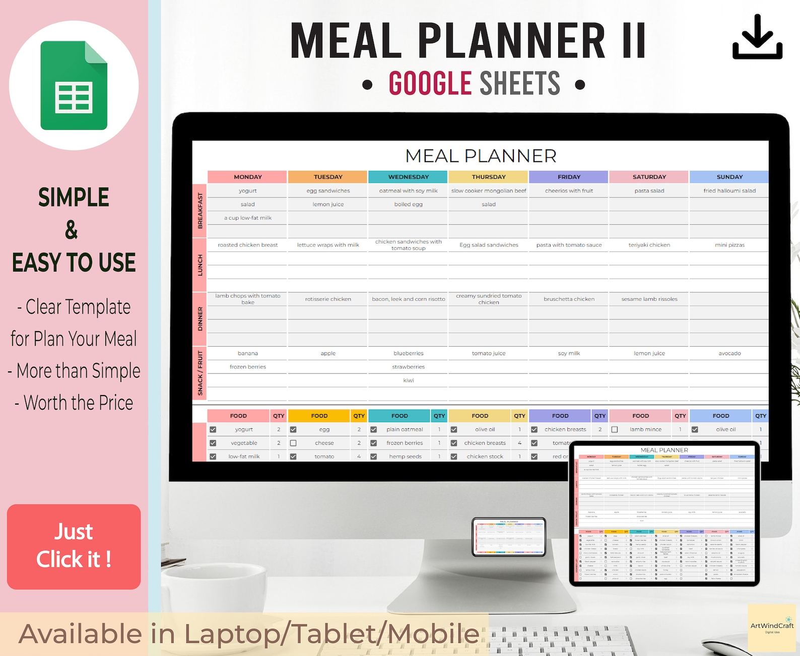 Digital Weekly Meal Planner and Grocery List Google Sheets - Etsy