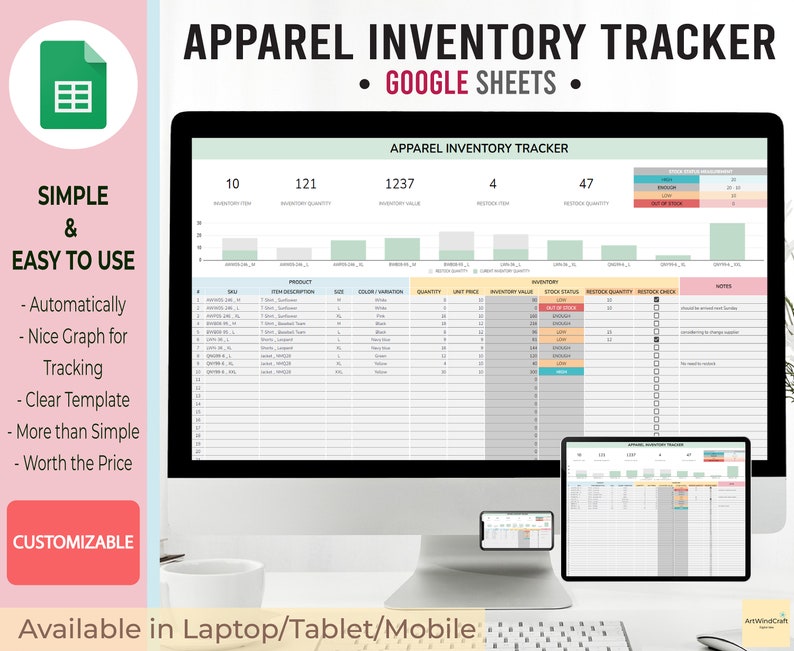 Apparel Inventory Tracker Simple Inventory Spreadsheet T - Etsy