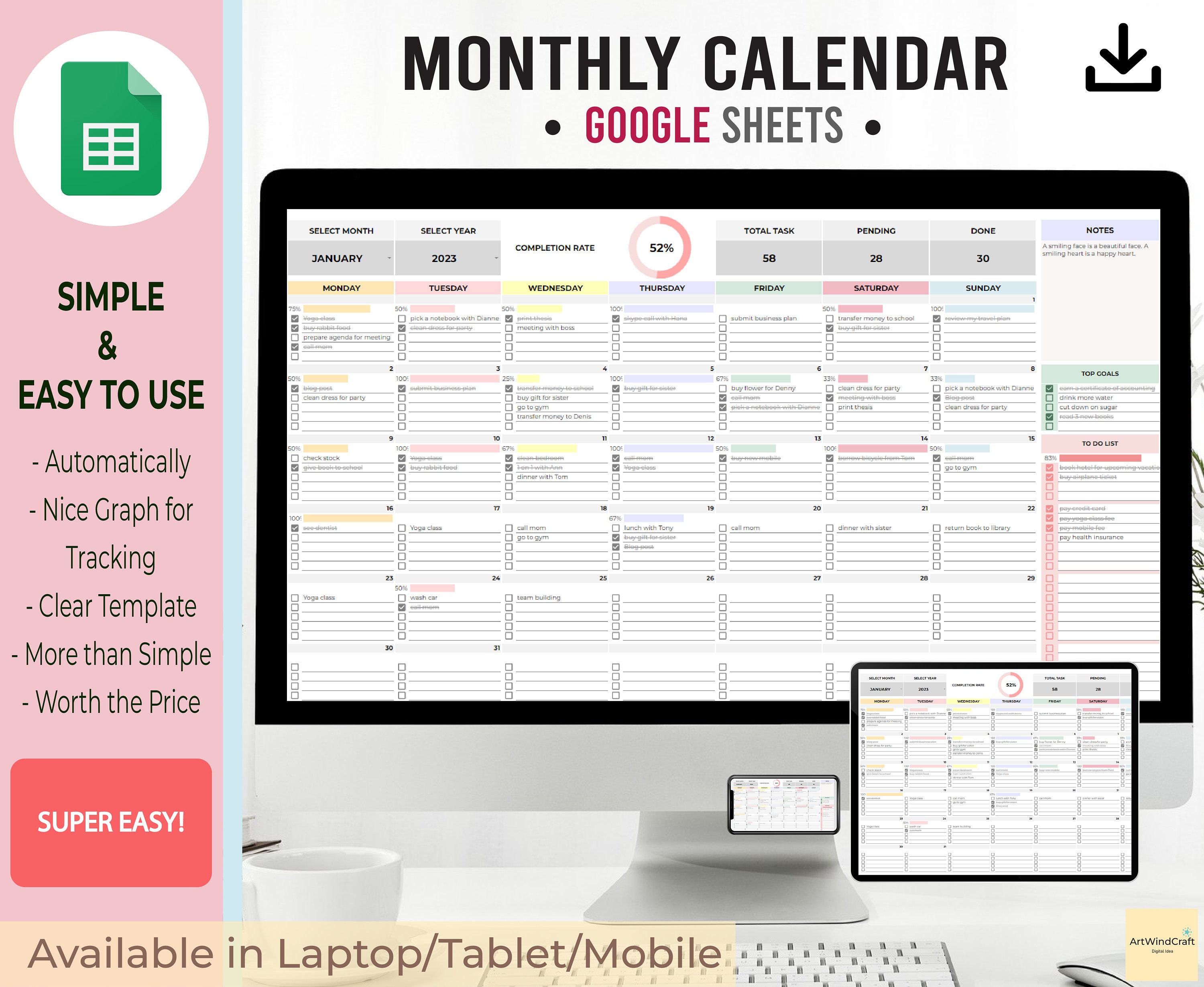 Digital Calendar Spreadsheet Monthly Calendar to Do List - Etsy