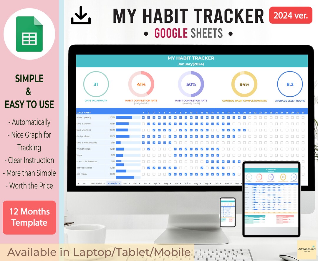 Habit Tracker 2024, Goal Tracker, Habit Tracker Spreadsheet, Google ...