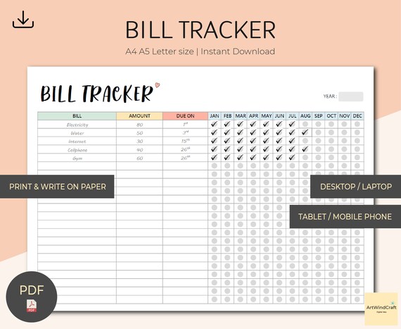 Bill Tracker Printable Monthly Bill Tracker Bill Planner - Etsy