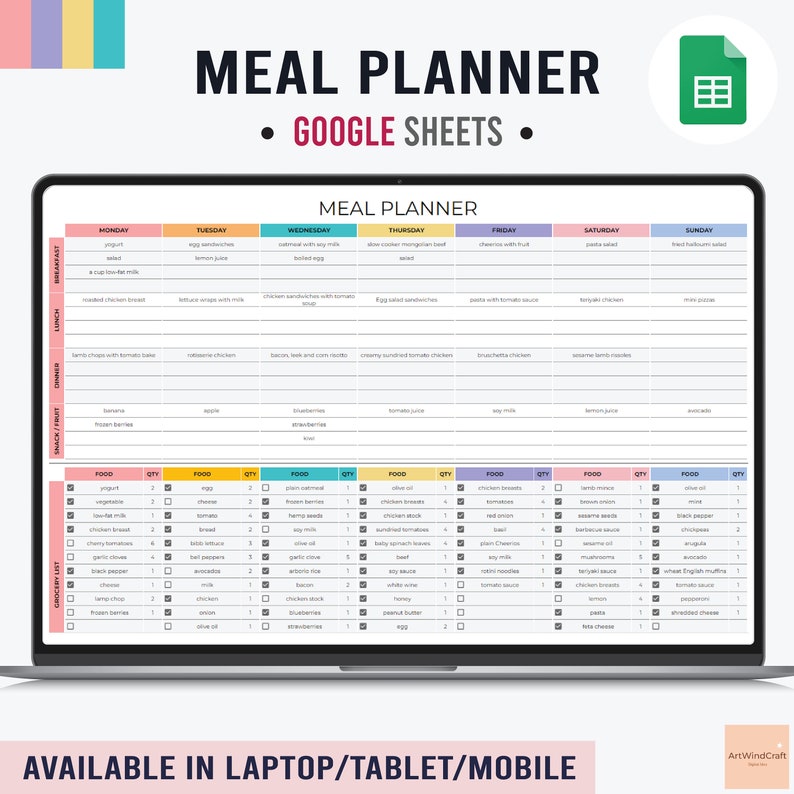 Digital Weekly Meal Planner and Grocery List Google Sheets, Meal Prep ...