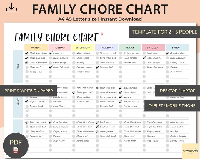 Editable Weekly Family Chore Chart Canva Template Printable Chore Chart ...