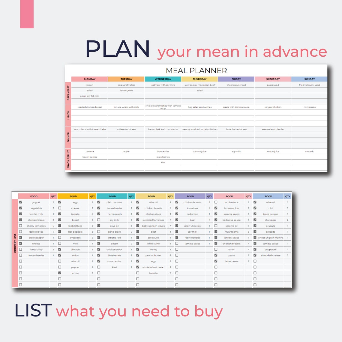 Digital Weekly Meal Planner and Grocery List Google Sheets, Meal Prep ...