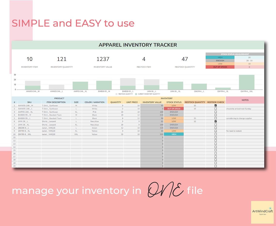Apparel Inventory Tracker, Simple Inventory Spreadsheet, T Shirt ...