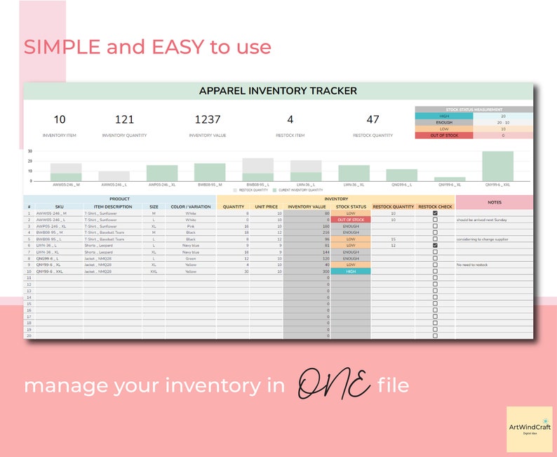 Apparel Inventory Tracker, Simple Inventory Spreadsheet, T Shirt ...