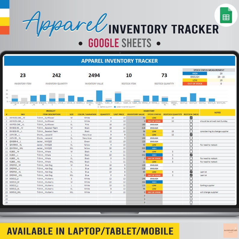 Apparel Inventory Tracker, Simple Inventory Spreadsheet, T Shirt ...