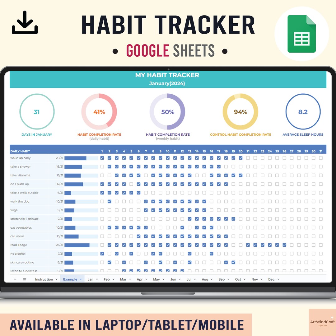 Habit Tracker 2024, Goal Tracker, Habit Tracker Spreadsheet, Google ...