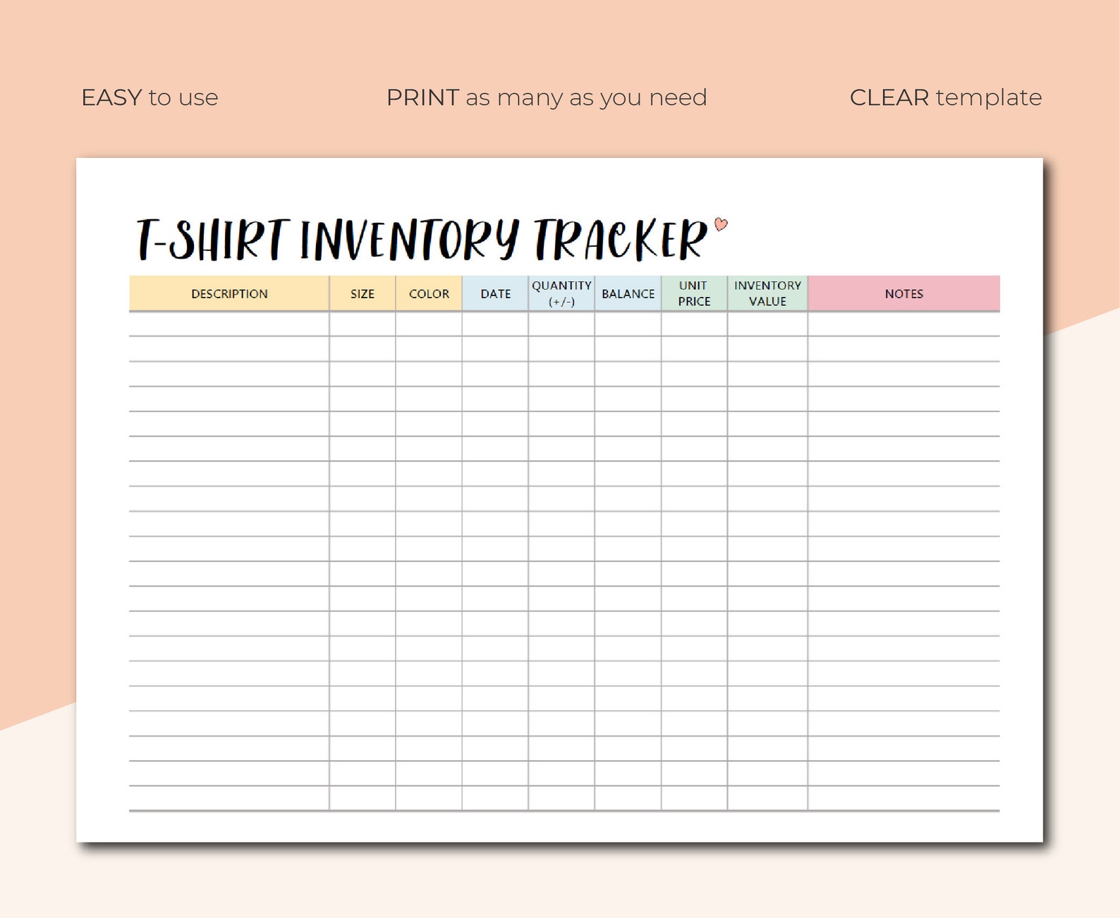 T-shirt Inventory Tracker Printable Inventory Template - Etsy
