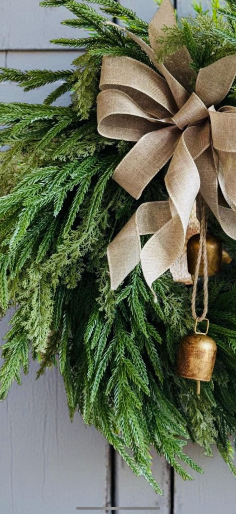 Rustic Winter Wreath With Bells & Navy Bow, Farmhouse Winter Door Decor ...