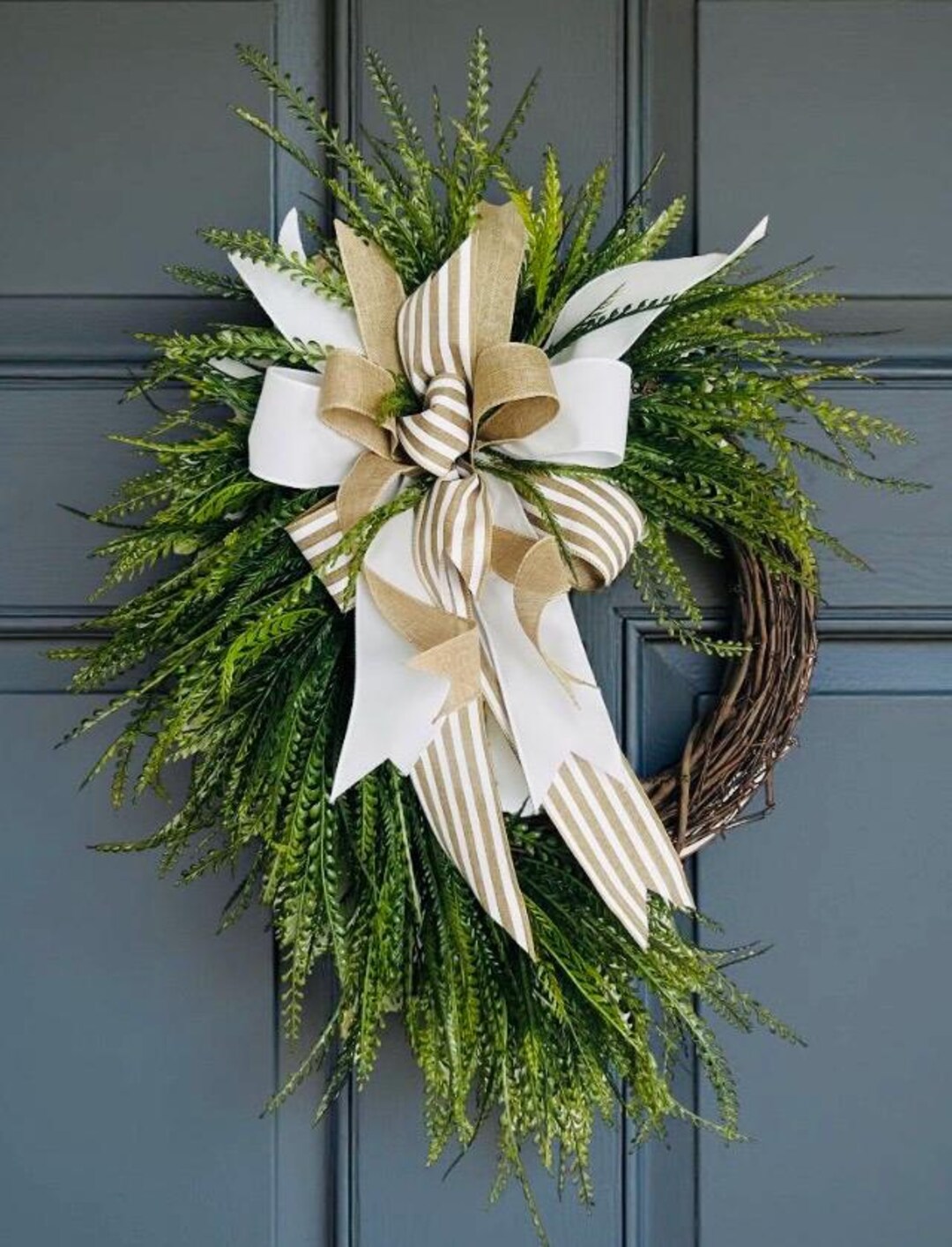 Spring Bead Grass Wreath, Bead Grass Wreath With White & Tan Large Bow ...