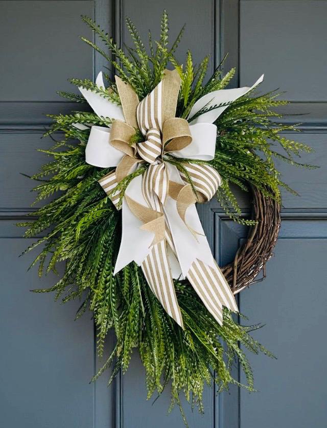 Spring Bead Grass Wreath, Bead Grass Wreath With White & Tan Large Bow ...