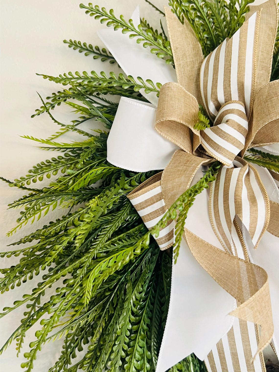 Spring Bead Grass Wreath, Bead Grass Wreath With White & Tan Large Bow ...