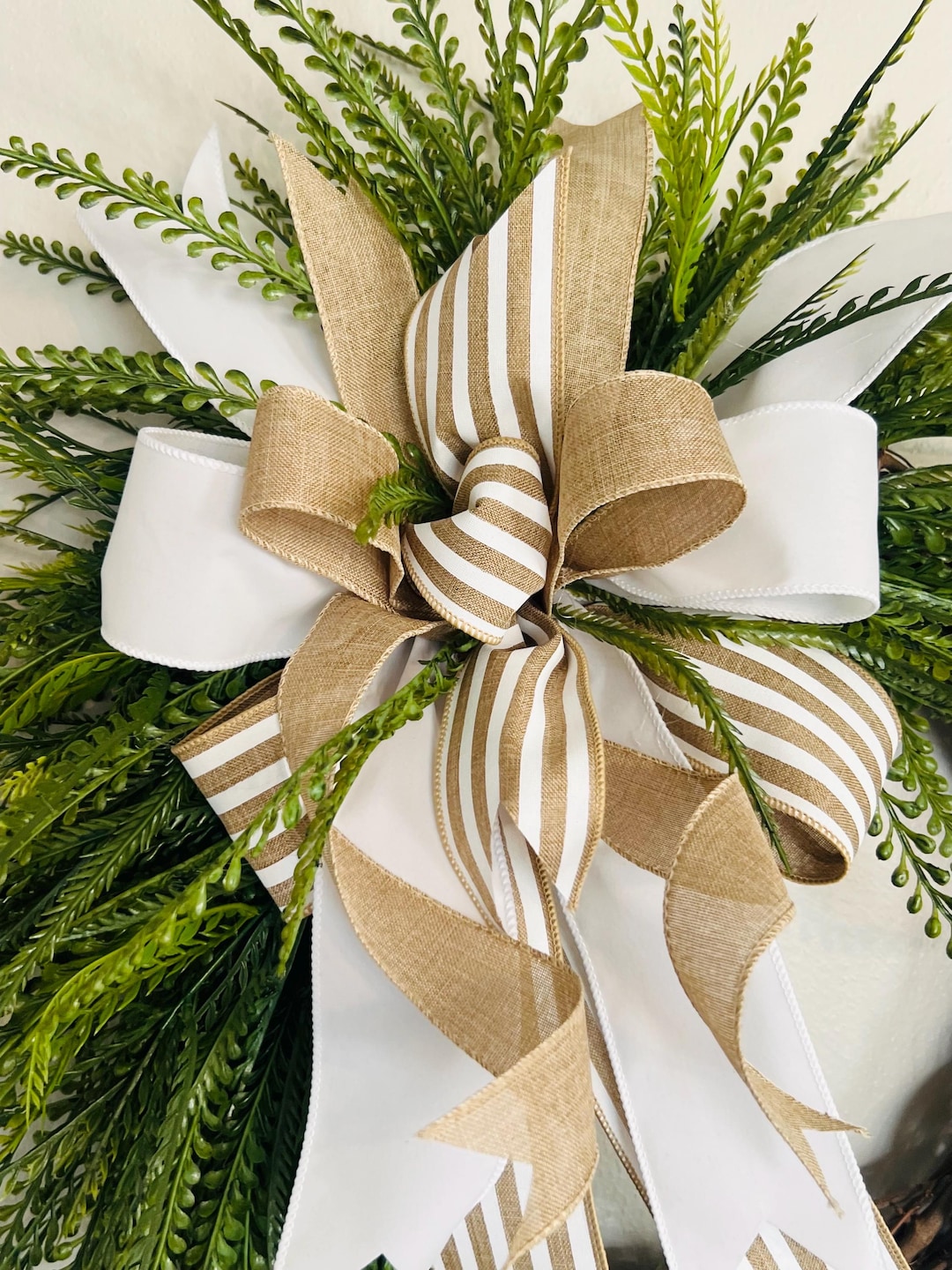 Bow for Wreath, Spring Bow for Wreath, Tan and White Bow, Spring Wreath ...