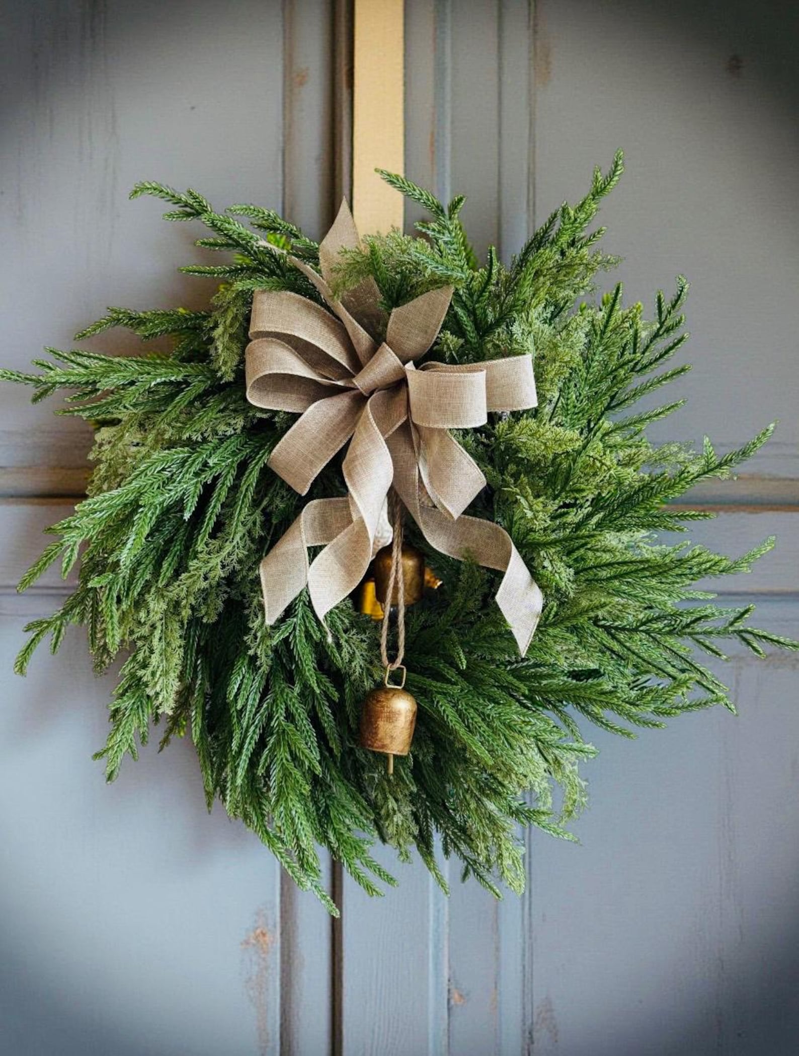 Rustic Winter Wreath With Bells & Navy Bow, Farmhouse Winter Door Decor ...