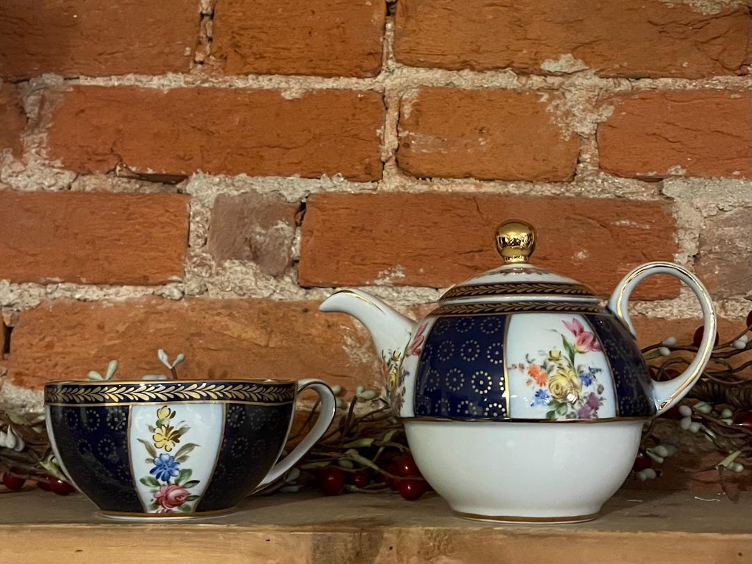 Vintage Lillian Vernon Blue Abd Gold Floral Teapot & Teacup Set - Etsy