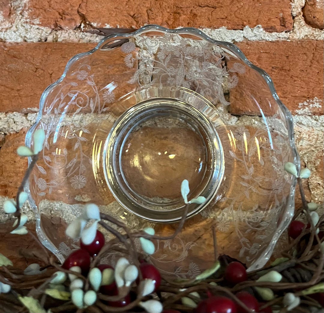Vintage Etched Glass Compote Dish – Scalloped Edge Floral Design 6.5 ...