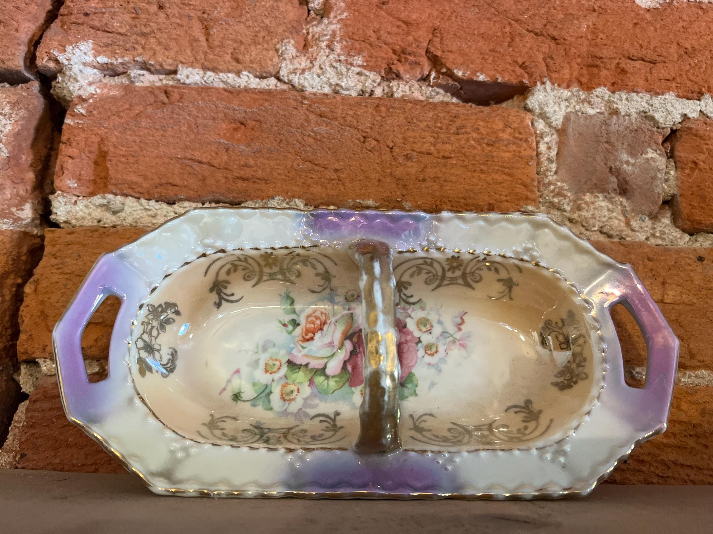 Vintage IPF Germany Hand Painted Relish Dish W/ Handle, Grapes & Flower ...