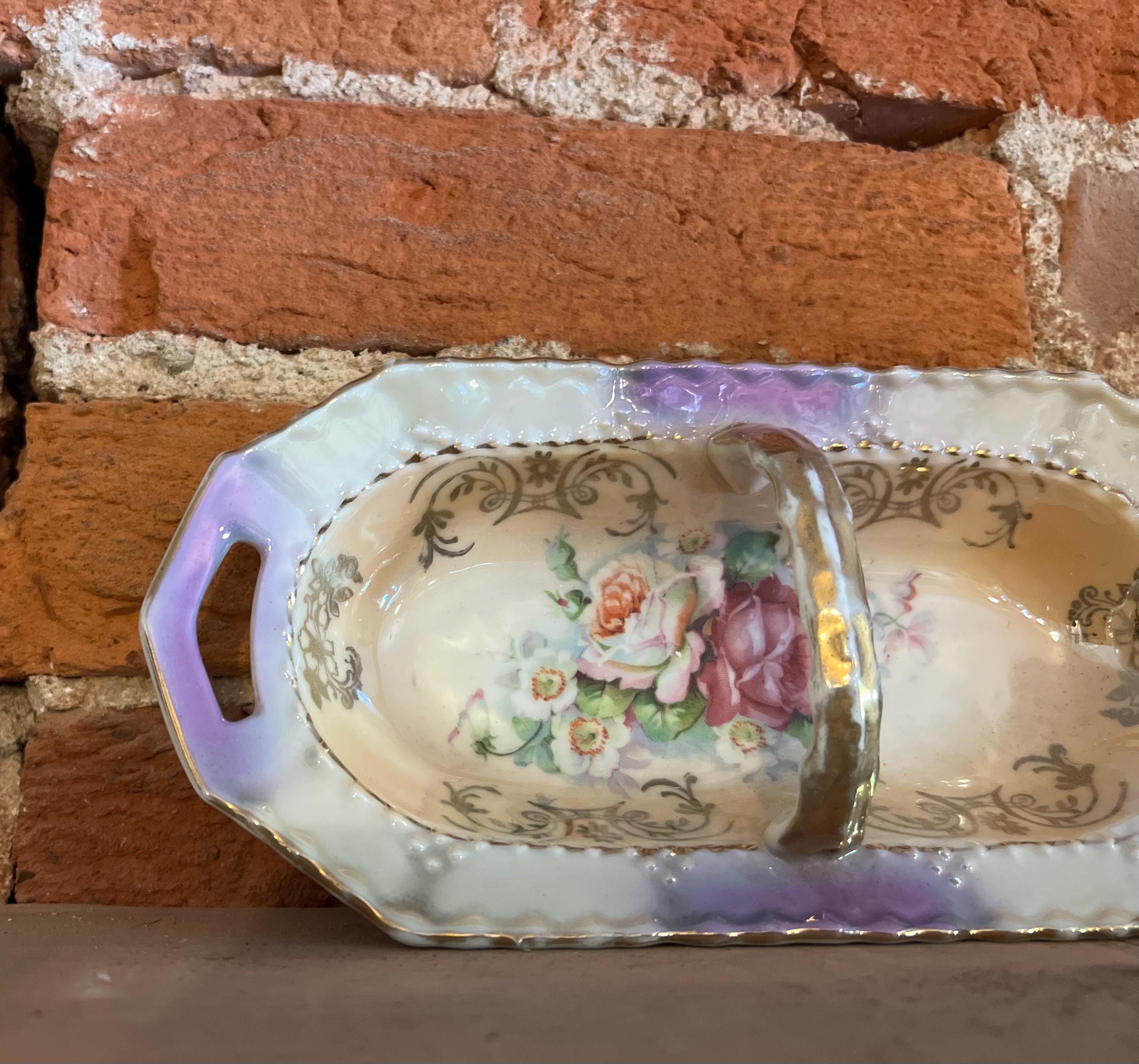Vintage IPF Germany Hand Painted Relish Dish W/ Handle, Grapes & Flower ...