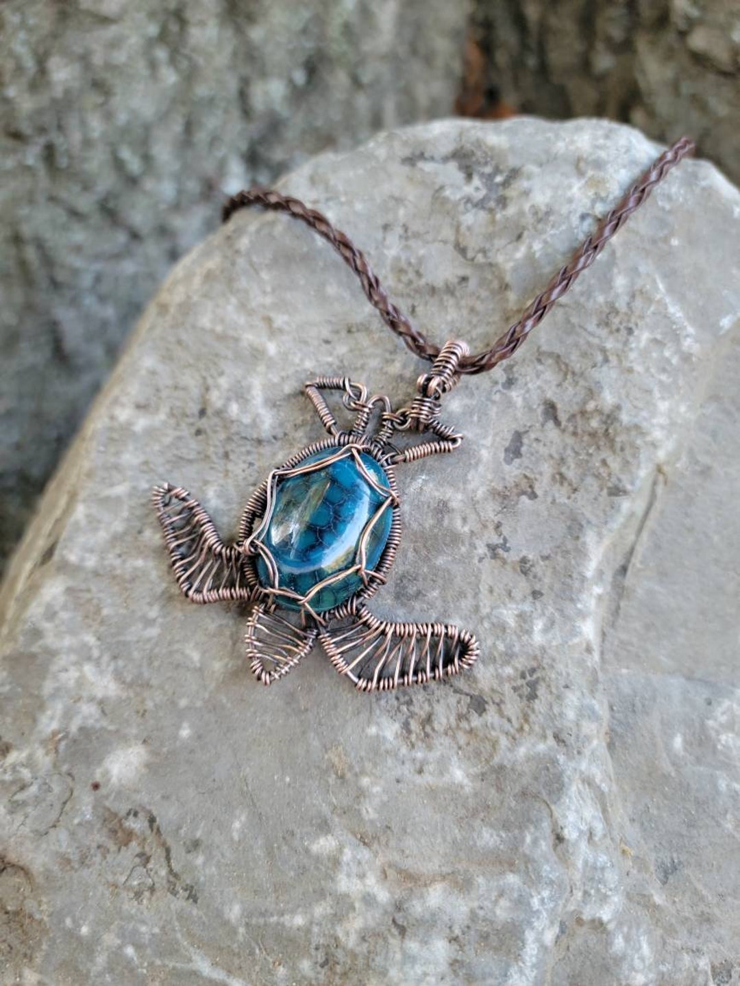 Copper Wire Sea Turtle Pendant: Dragon Veins Agate Crystal, Boho Beach ...
