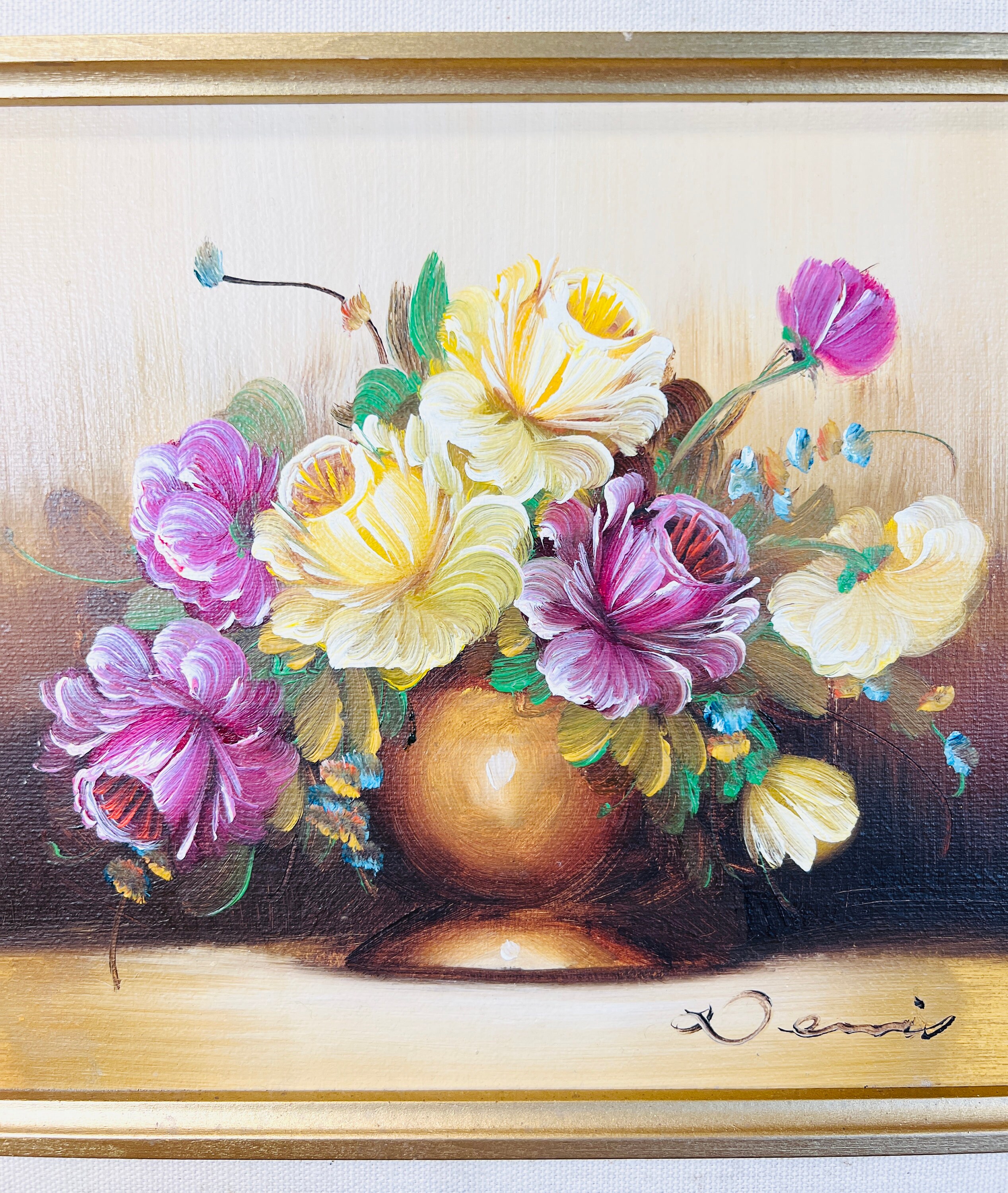 Original Still Life Oil Painting Signed Dennis, Wood Framed Vintage Art ...