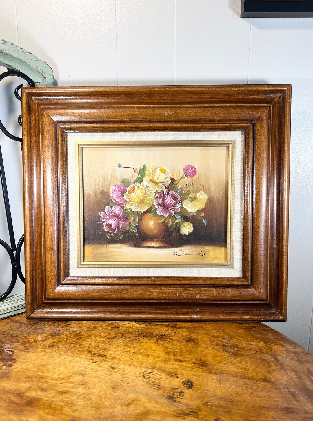 Original Still Life Oil Painting Signed Dennis, Wood Framed Vintage Art ...