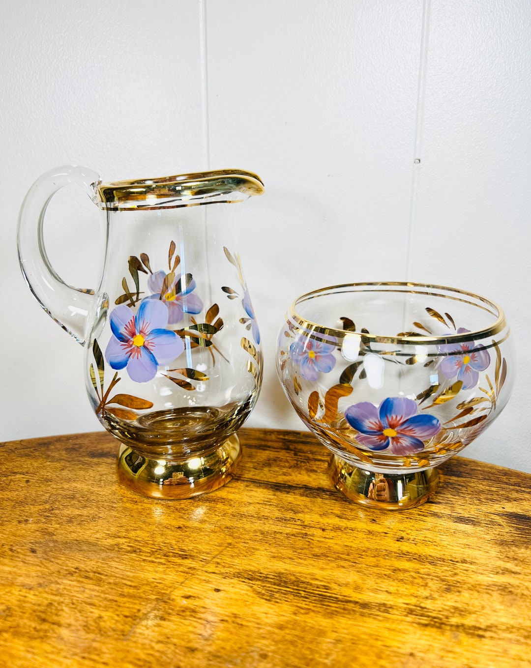 Vintage Romanian Glass Creamer and Sugar Bowl, Hand Painted Enamel ...