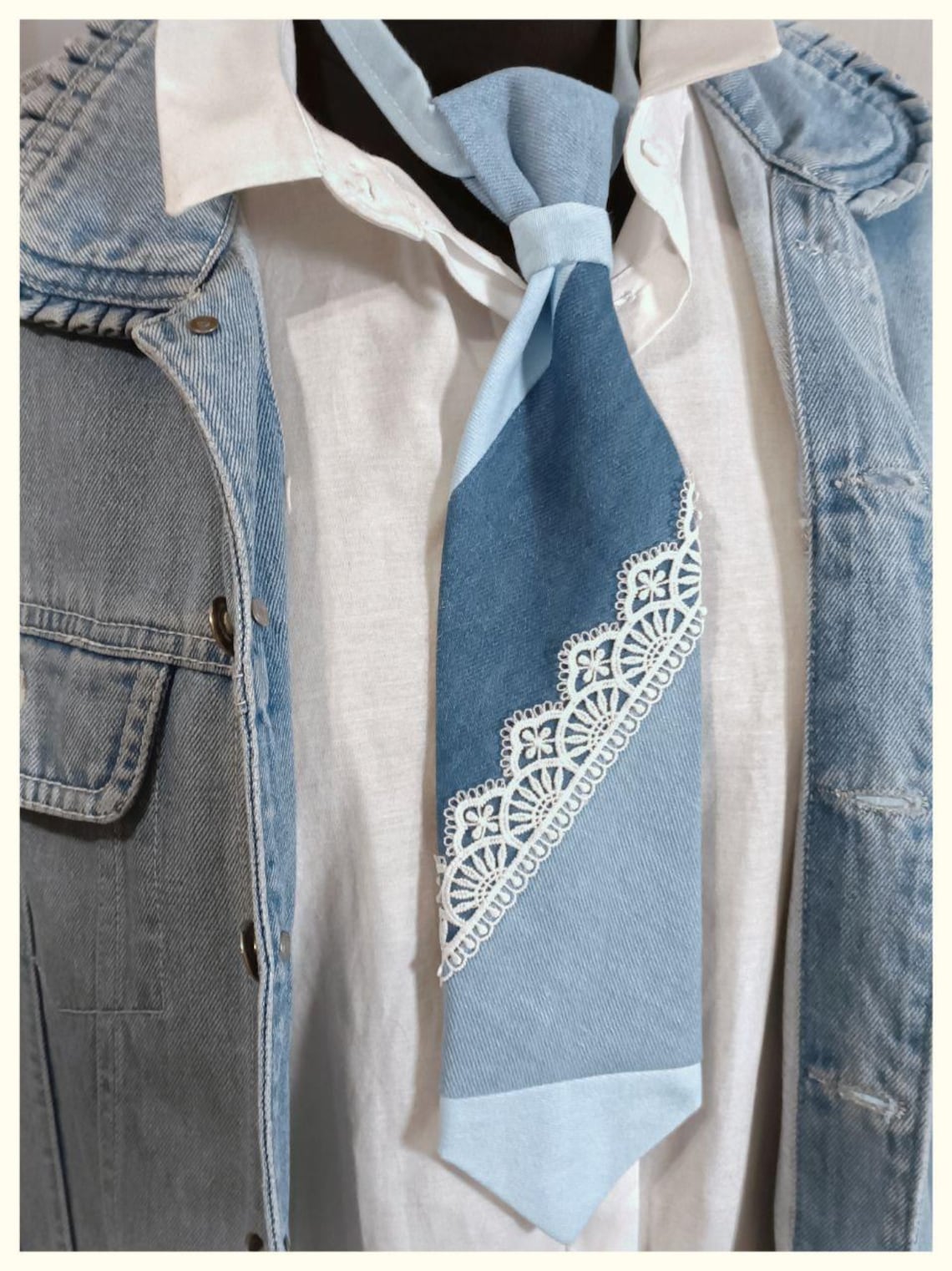 Womens Denim Tie With a Diagonal Pattern and Natural Lace. Handmade. - Etsy