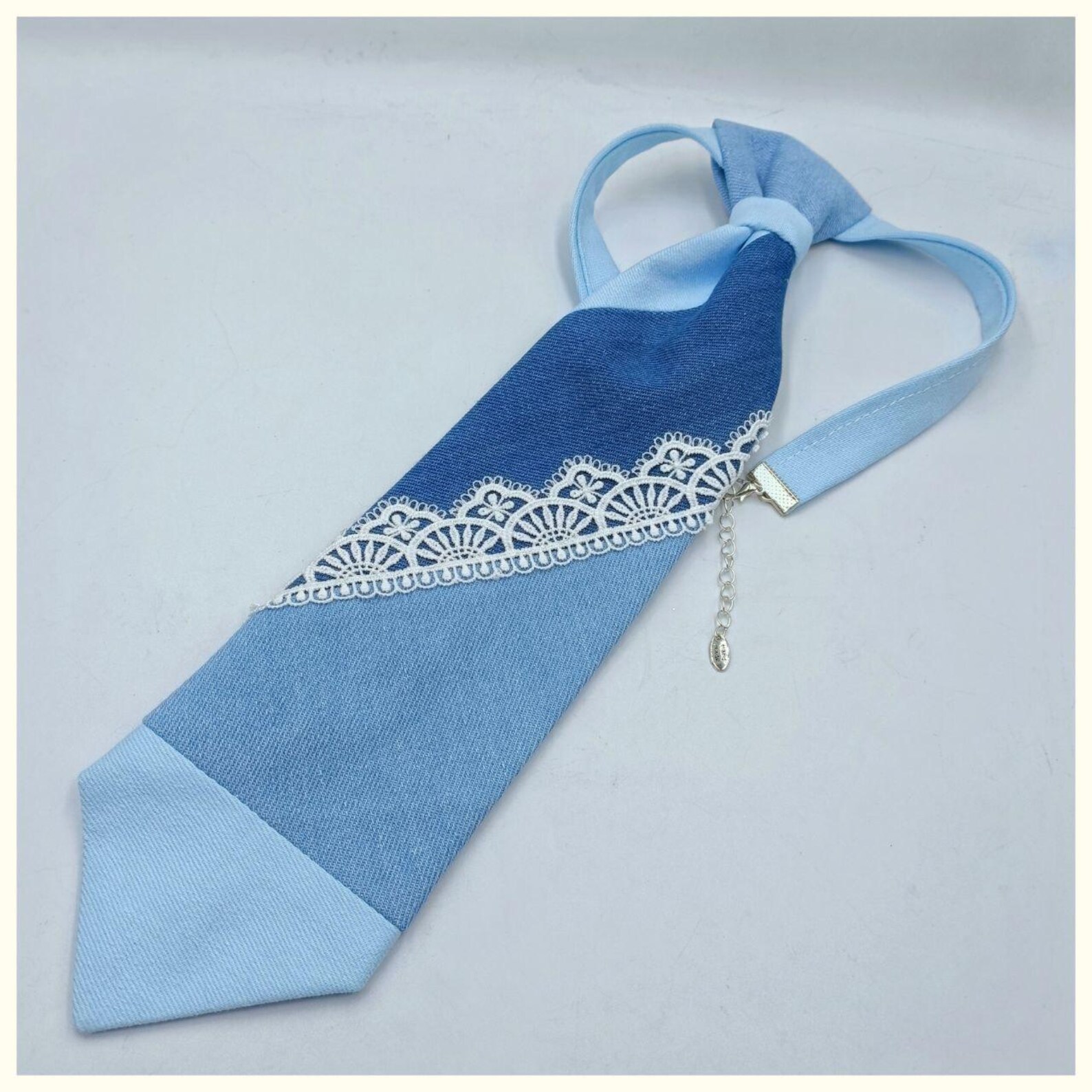 Womens Denim Tie With a Diagonal Pattern and Natural Lace. Handmade. - Etsy