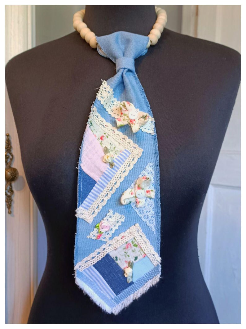Women's Denim Patchwork Tie With Wooden Bead Choker, Handmade - Etsy