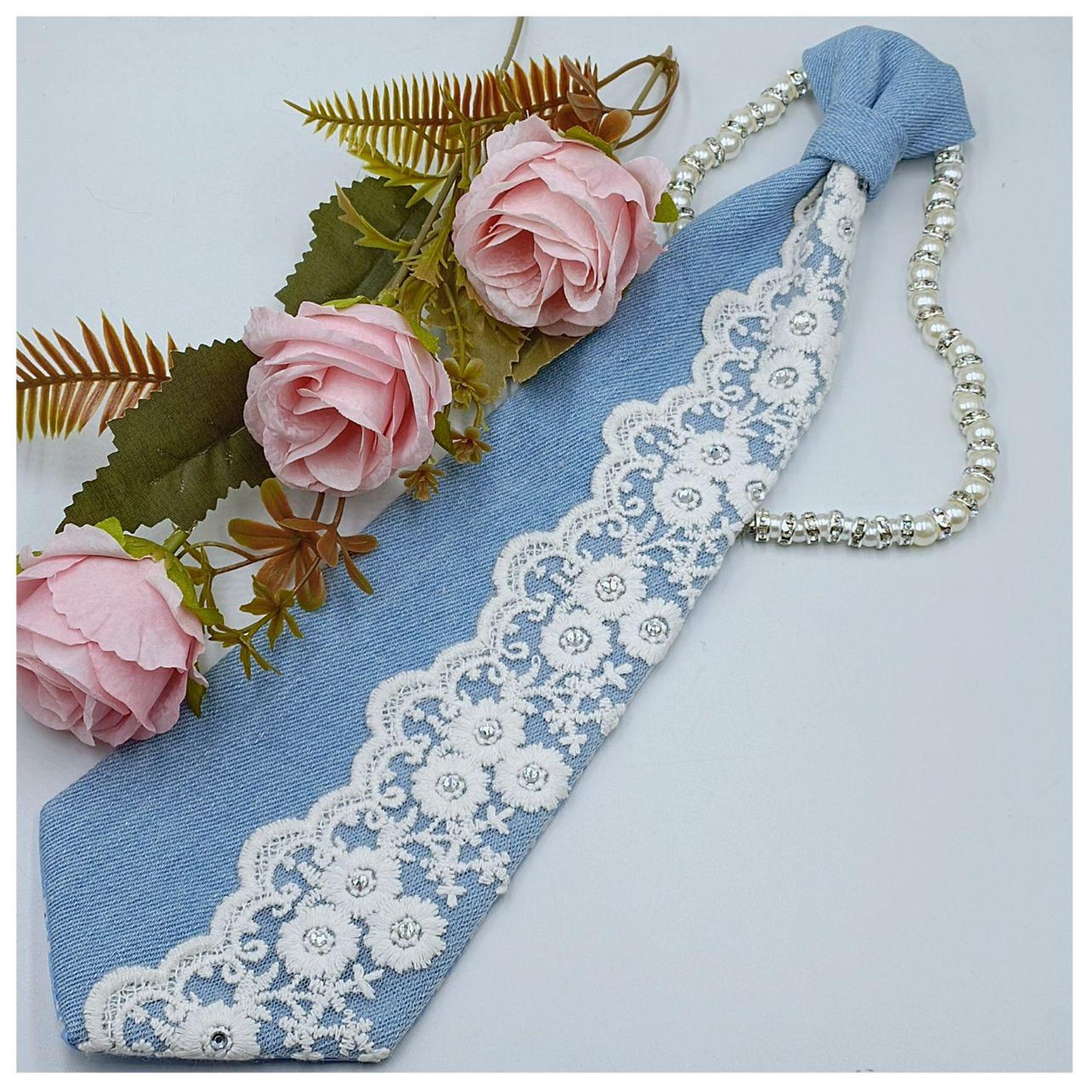 Denim Women's Tie, With Lace and Pearls, Neck Scarf. Handmade. - Etsy