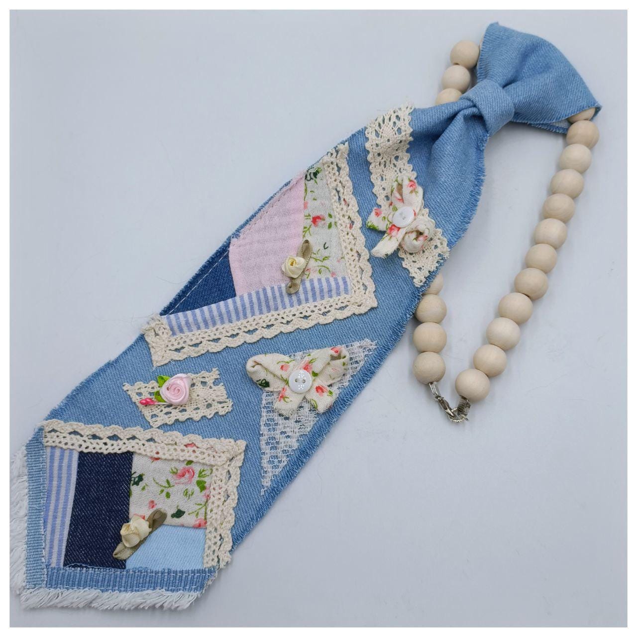Women's Denim Patchwork Tie With Wooden Bead Choker, Handmade - Etsy