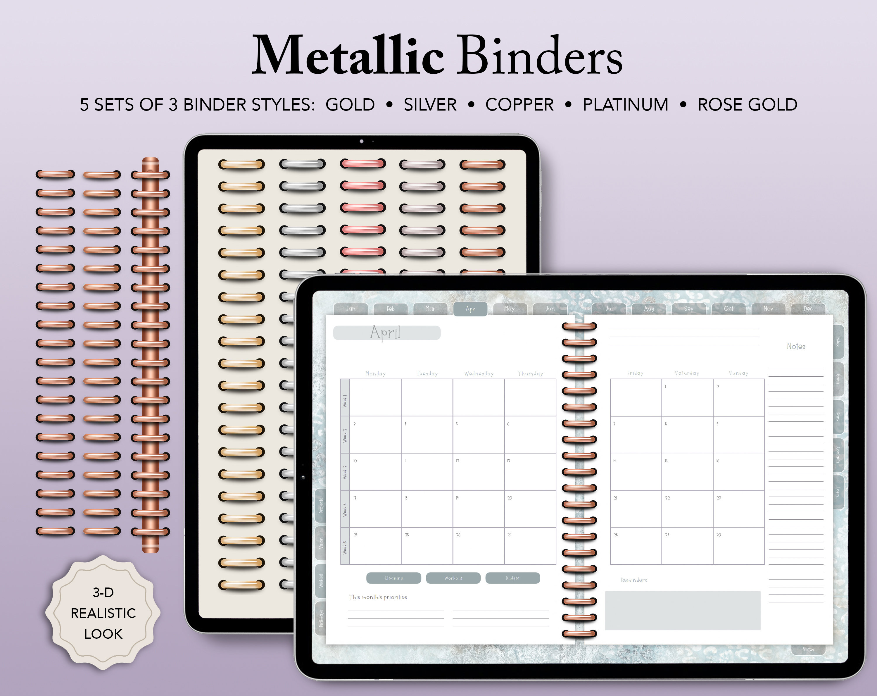 Digital Planner Rings for Binder, Png, 3D, Metallic Rose Gold, Silver ...