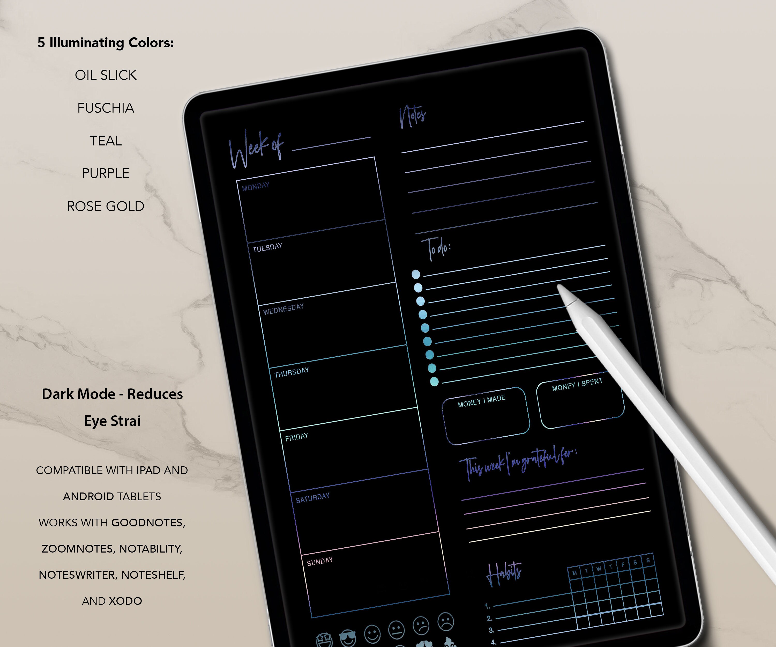 Digital Weekly Planner Dark Mode, Weekly Planning, Undated Daily ...