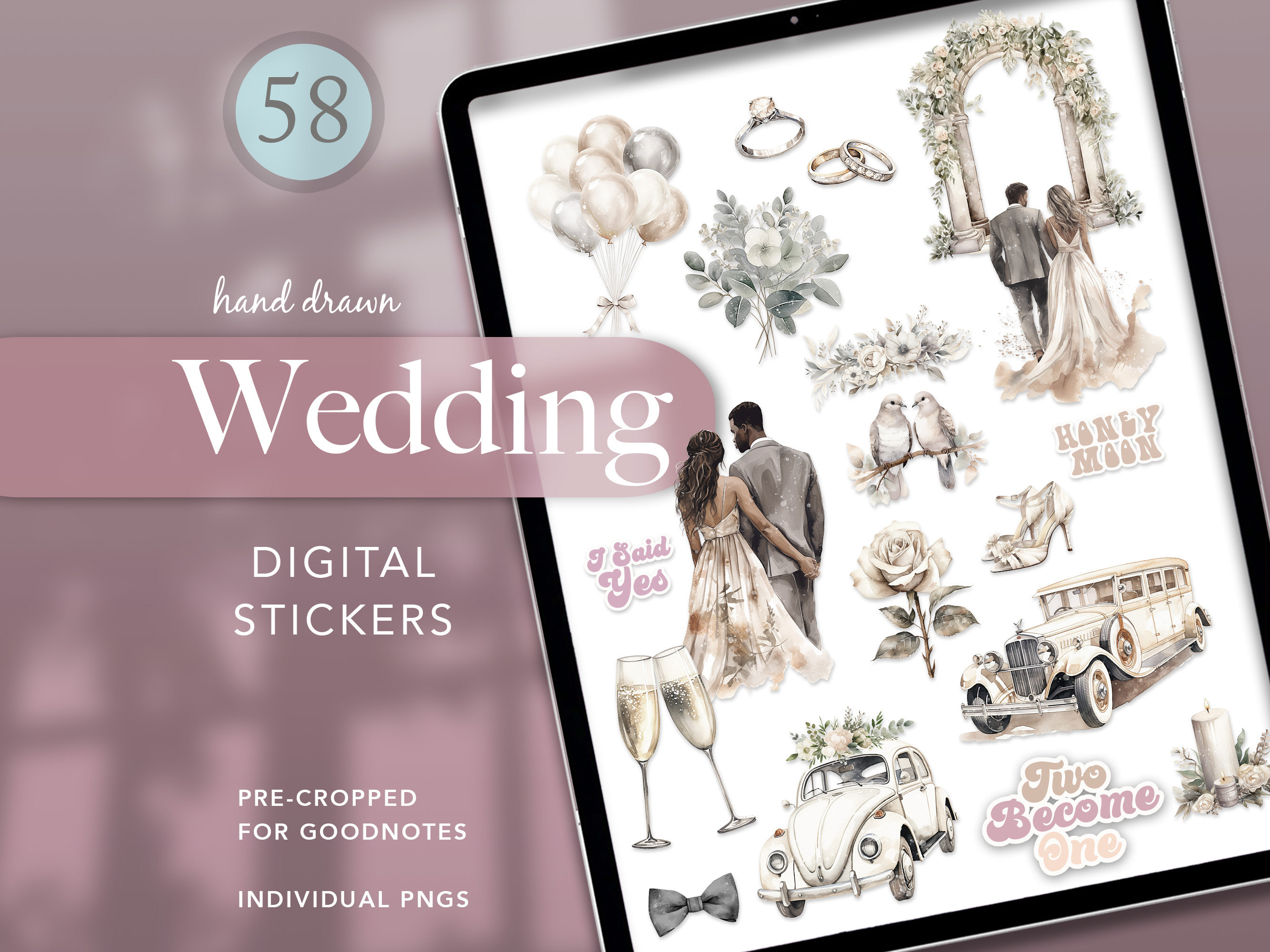 WEDDING Digital Stickers, Bridal Pre-cropped Digital Planner Stickers ...
