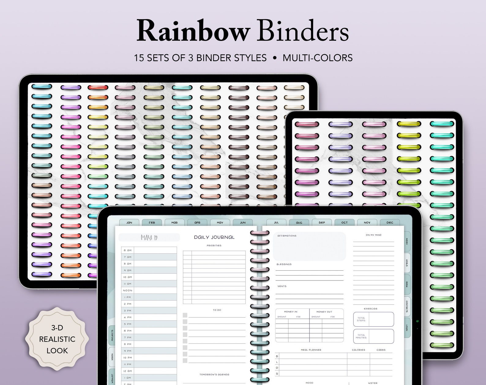 Digital Planner Rings for Binder, Png, 3D, Rainbow Rings, Pink, Purple ...