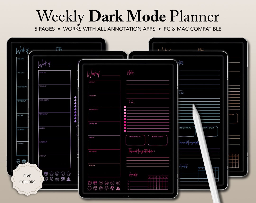 Digital Weekly Planner Dark Mode, Weekly Planning, Undated Daily ...