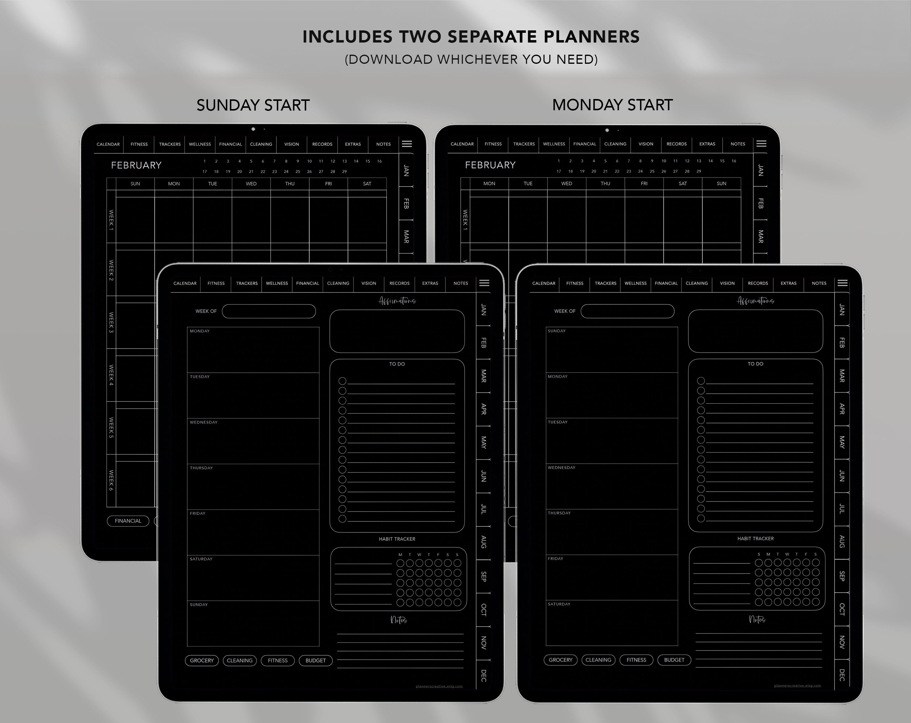 Undated Dark Mode Digital Planner for Goodnotes & Notability, iPad ...