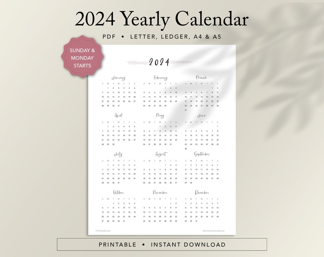 2024 Yearly Calendar Portrait Sunday & Monday Start, 2024 Minimalist ...