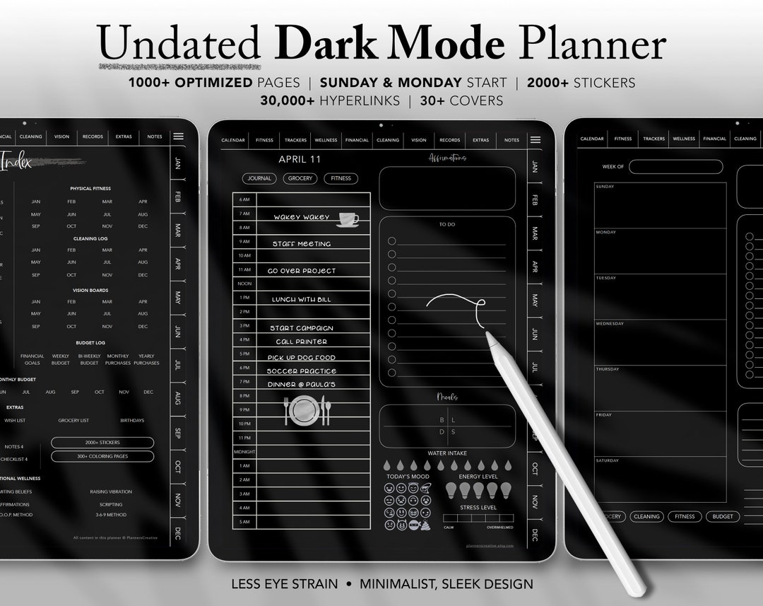 Undated Dark Mode Digital Planner for Goodnotes & Notability, iPad ...