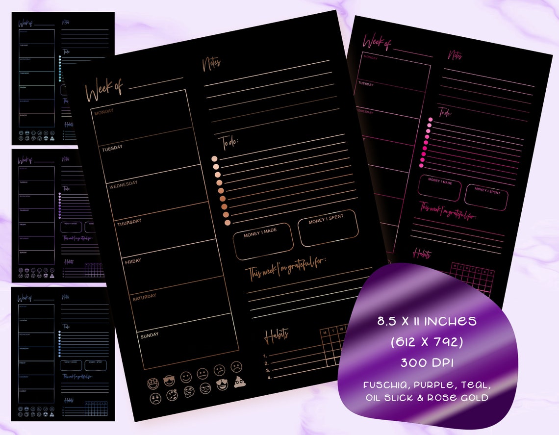 Digital Weekly Planner Dark Mode Weekly Planning Undated - Etsy