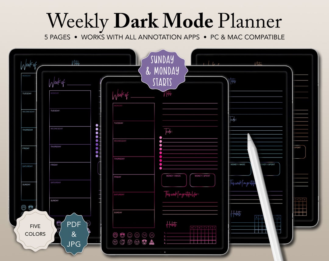 Digital Weekly Planner - Dark Mode, Weekly Planning, Undated Daily ...