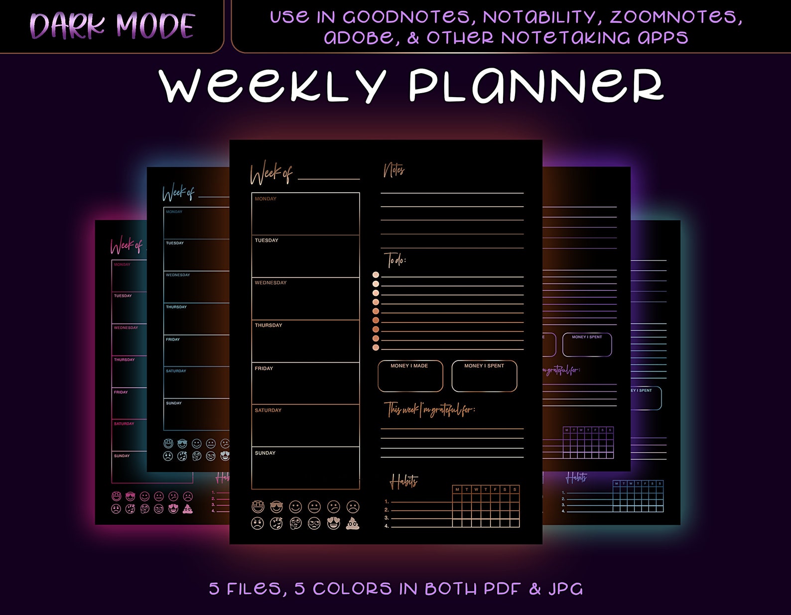 Digital Weekly Planner Dark Mode Weekly Planning Undated - Etsy